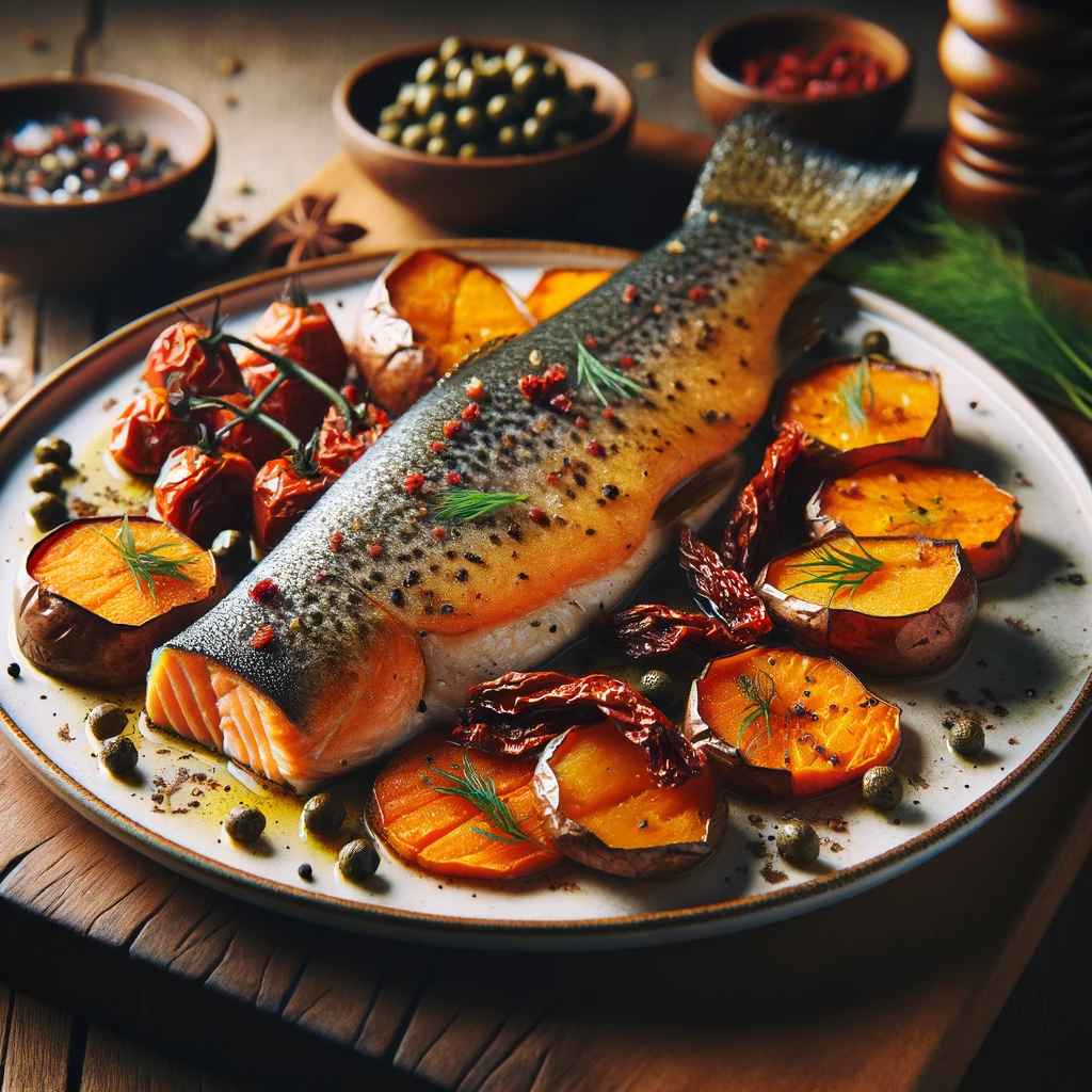 File de pastrav la cuptor cu cartofi dulci, rosii uscate si capere ...